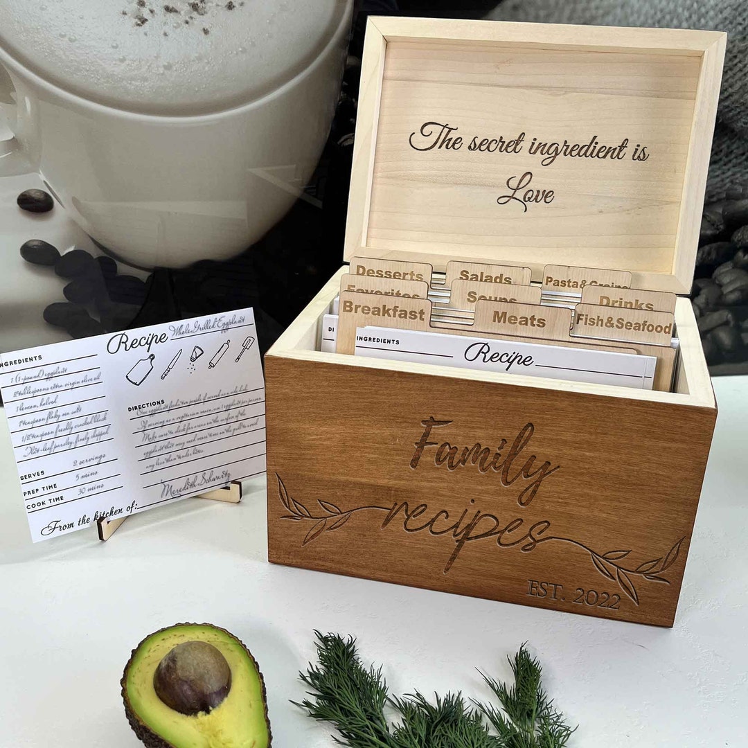 Wood Recipe Card Box - Custom Engraved Recipe Box With Dividers - Etsy
