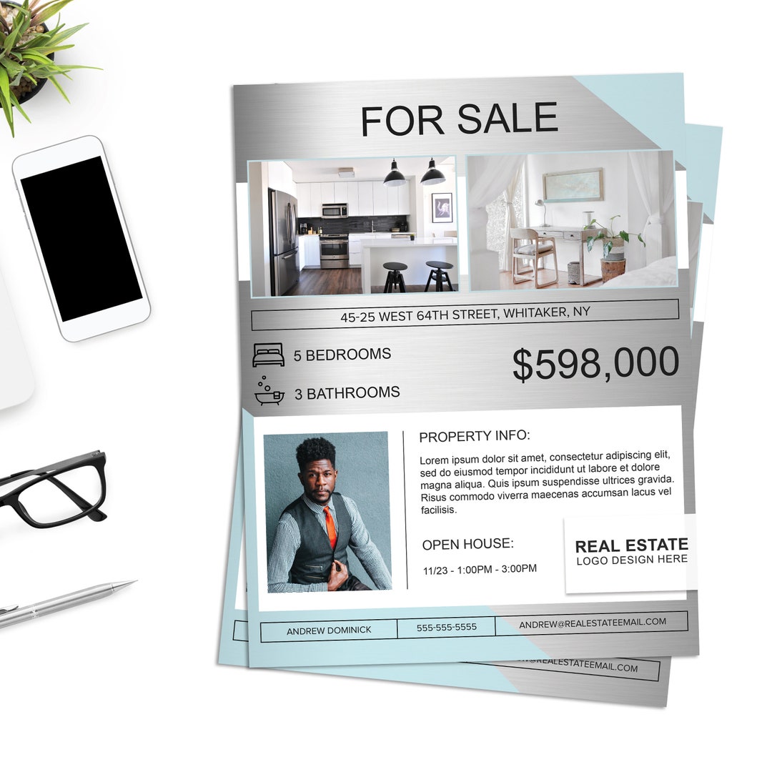 Real Estate Agent Flyer Template Editable PDF Aqua Blue - Etsy