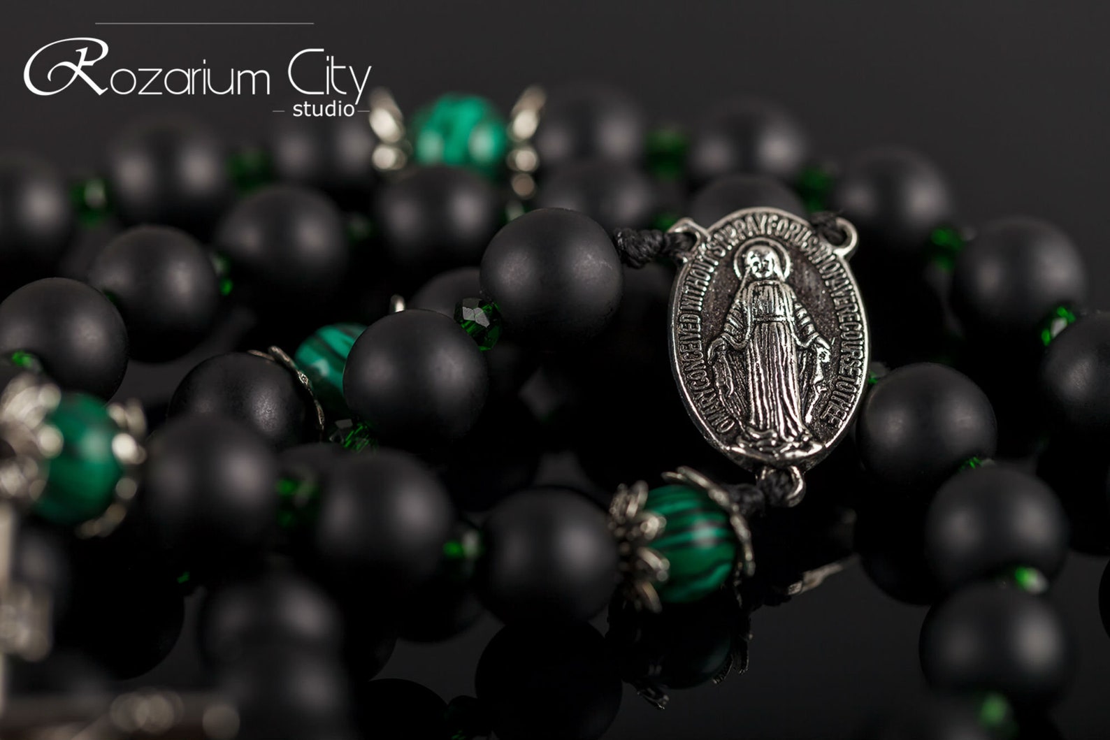 Catholic Gemstone Rosary, Black Shungite and Green Rhinestone Prayer ...