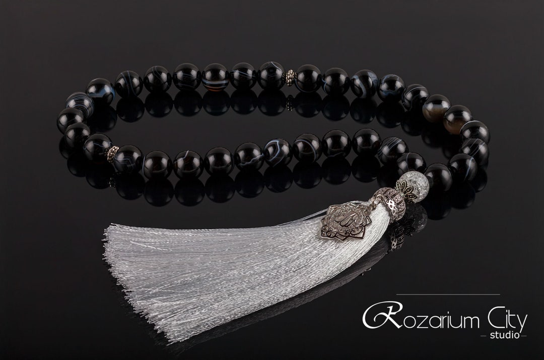 Islamic Prayer Beads Black Agate Misbaha With Holder Gemstone Worry ...