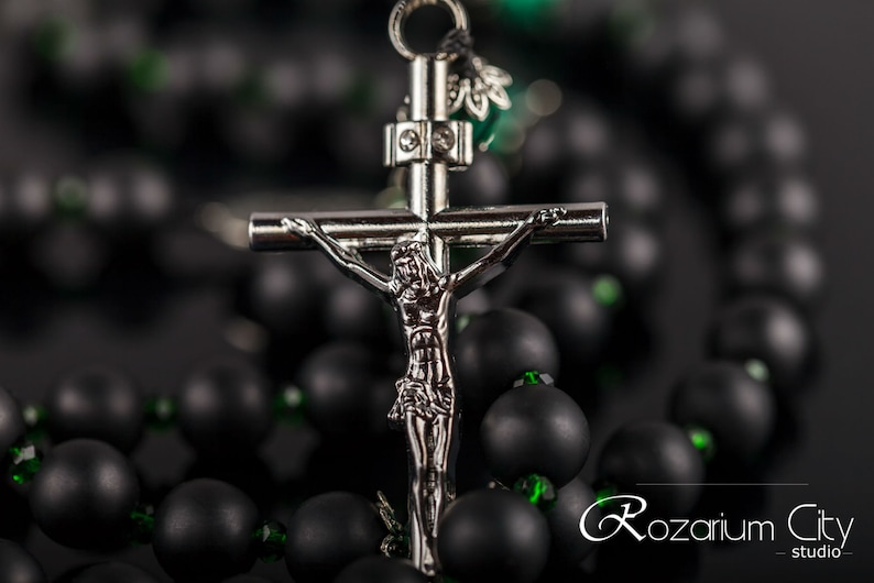 Catholic Gemstone Rosary, Black Shungite and Green Rhinestone Prayer ...