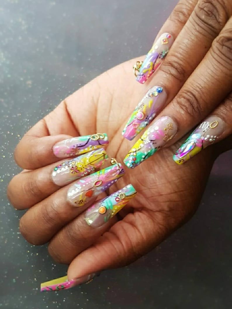 BOUJEE 90's inspired Colourful Abstract Nails Set of 10 | Etsy