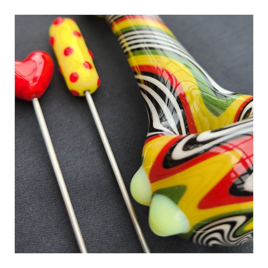 Hand-blown Glass Pipe Poker Set W Heart and Yellow Red Pokeys Full ...
