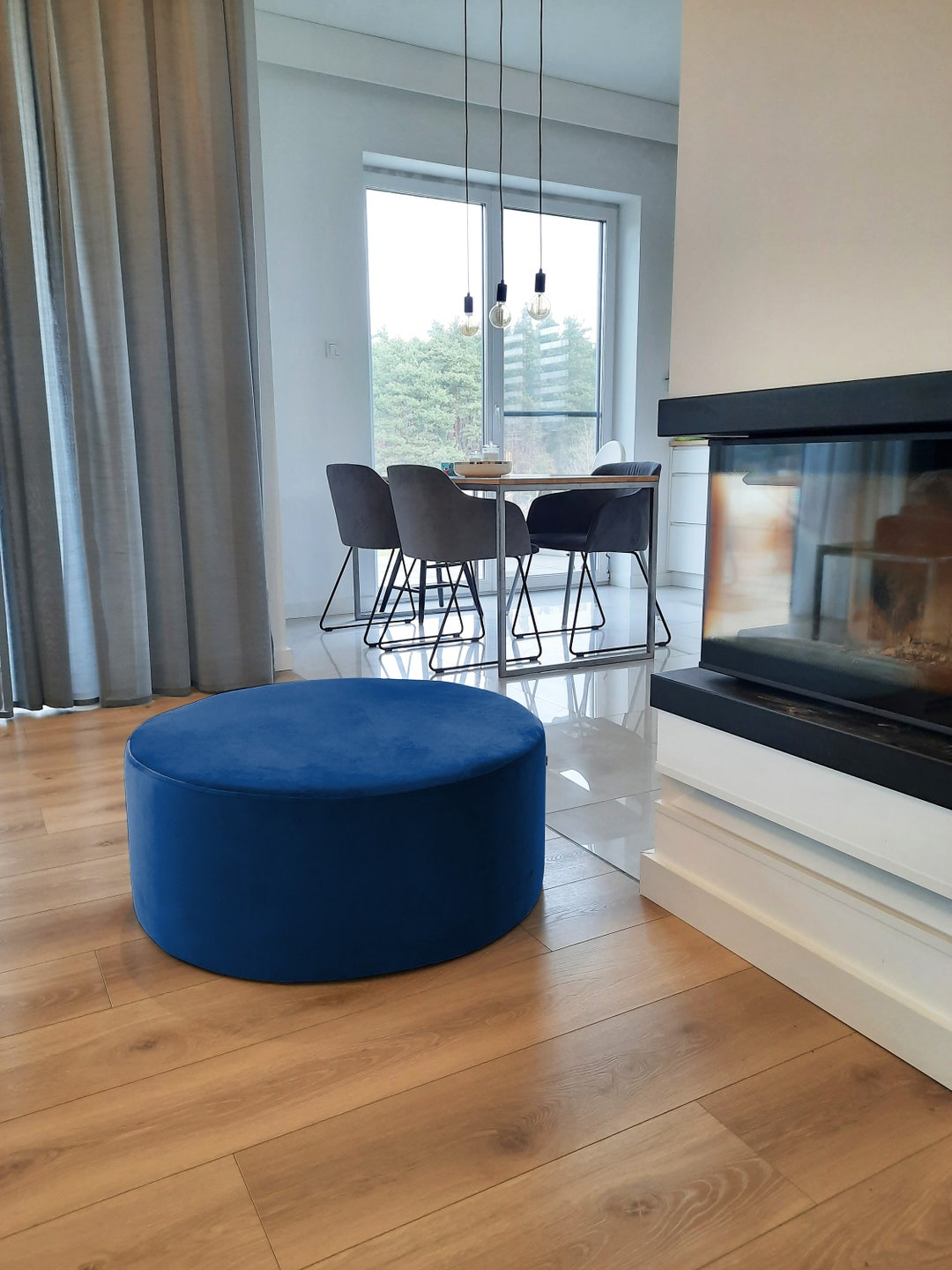 Navy Blue Pouf, XXL Velvet Pouf, Circle Round Ottoman, Velour Pillow ...
