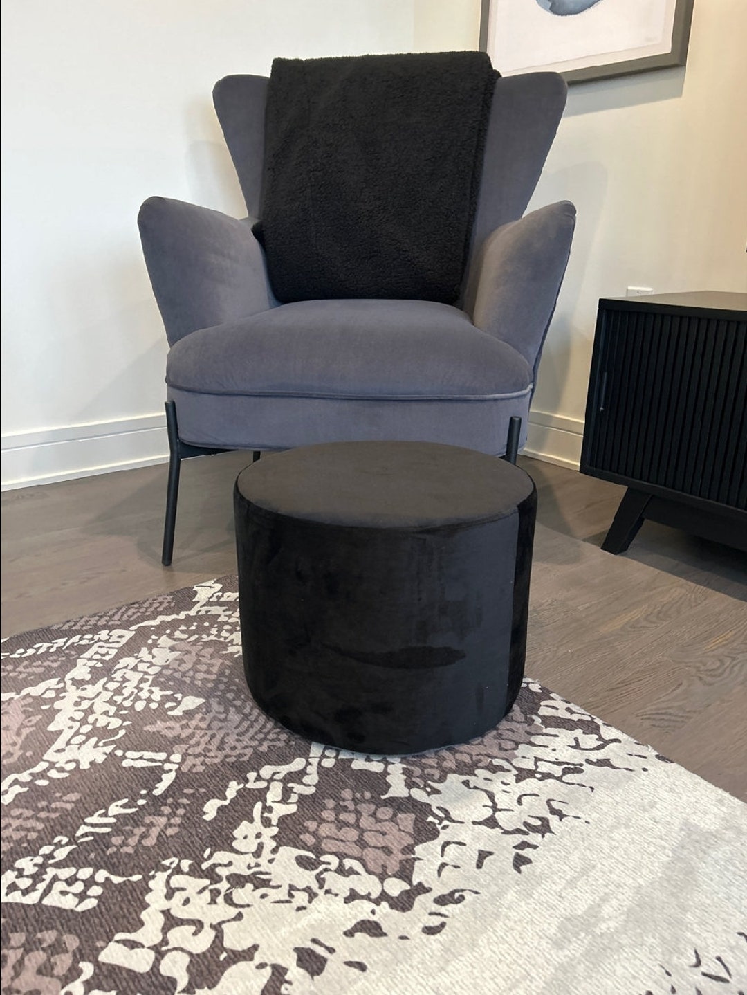 Black Poufe Tuffet Footstool Circle Round Ottoman Velour Pillow Floor ...