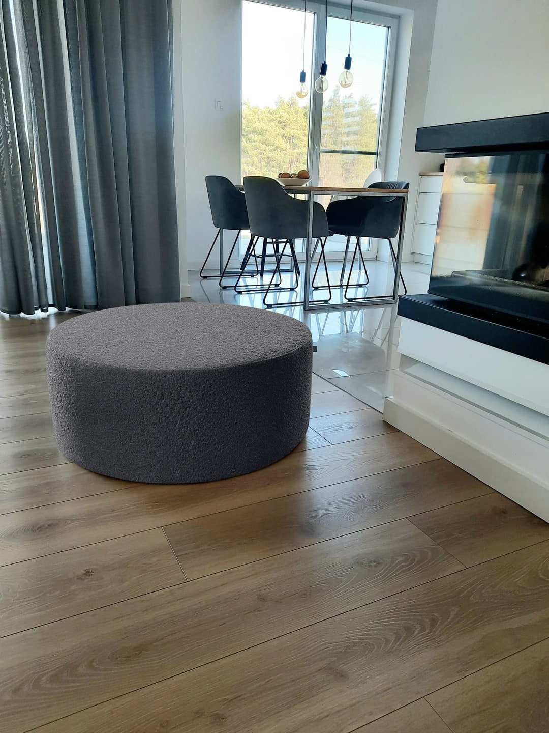 Modern Boucle Pouf, Dark Grey Cozy Teddy Ottoman, Floor Cushion, Floor ...