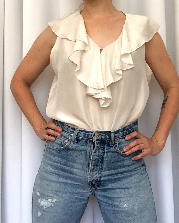 Silk Ruffle Blouse, 90s Vintage Cream Silk Low Cut Sl… - Gem
