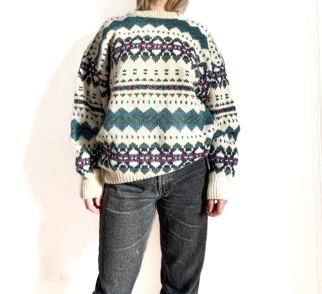 90s Chunky Knit Extra Large Wool Sweater, Oversize XL Nordic Pattern ...
