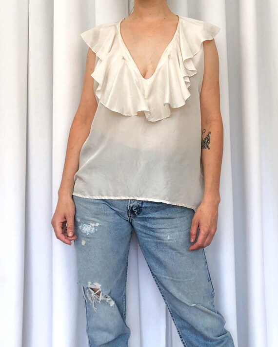 Silk Ruffle Blouse, 90s Vintage Cream Silk Low Cut Sl… - Gem