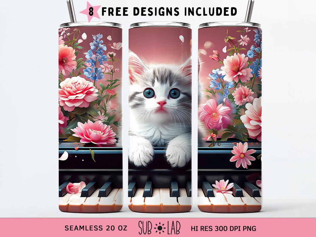 Kitten Tumbler Wrap, Cute Kitten Piano Tumbler PNG, Seamless Cat ...