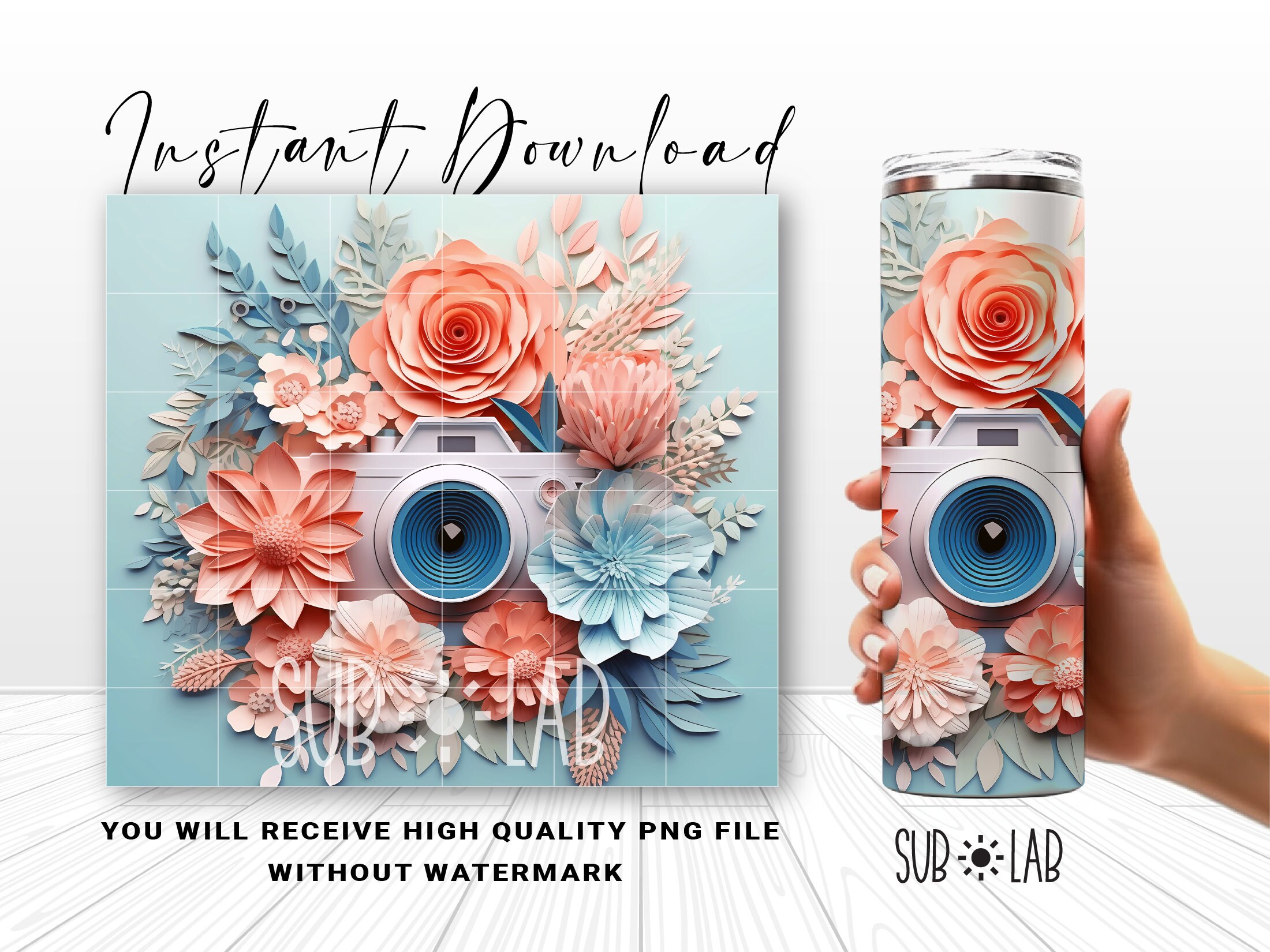 3D Camera Tumbler Wrap, 3D Floral Camera Sublimation Tumbler Design ...