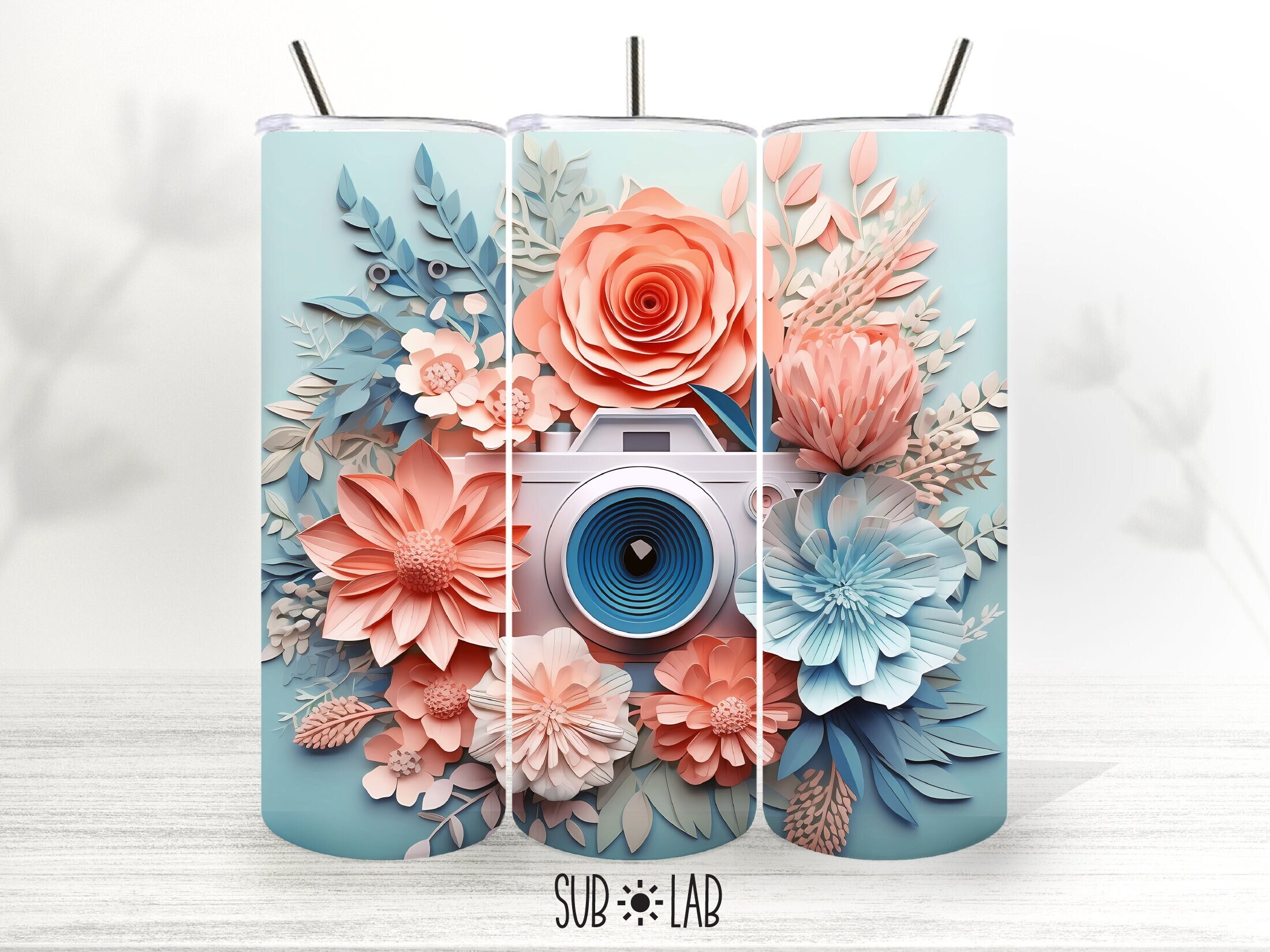 3D Camera Tumbler Wrap, 3D Floral Camera Sublimation Tumbler Design ...