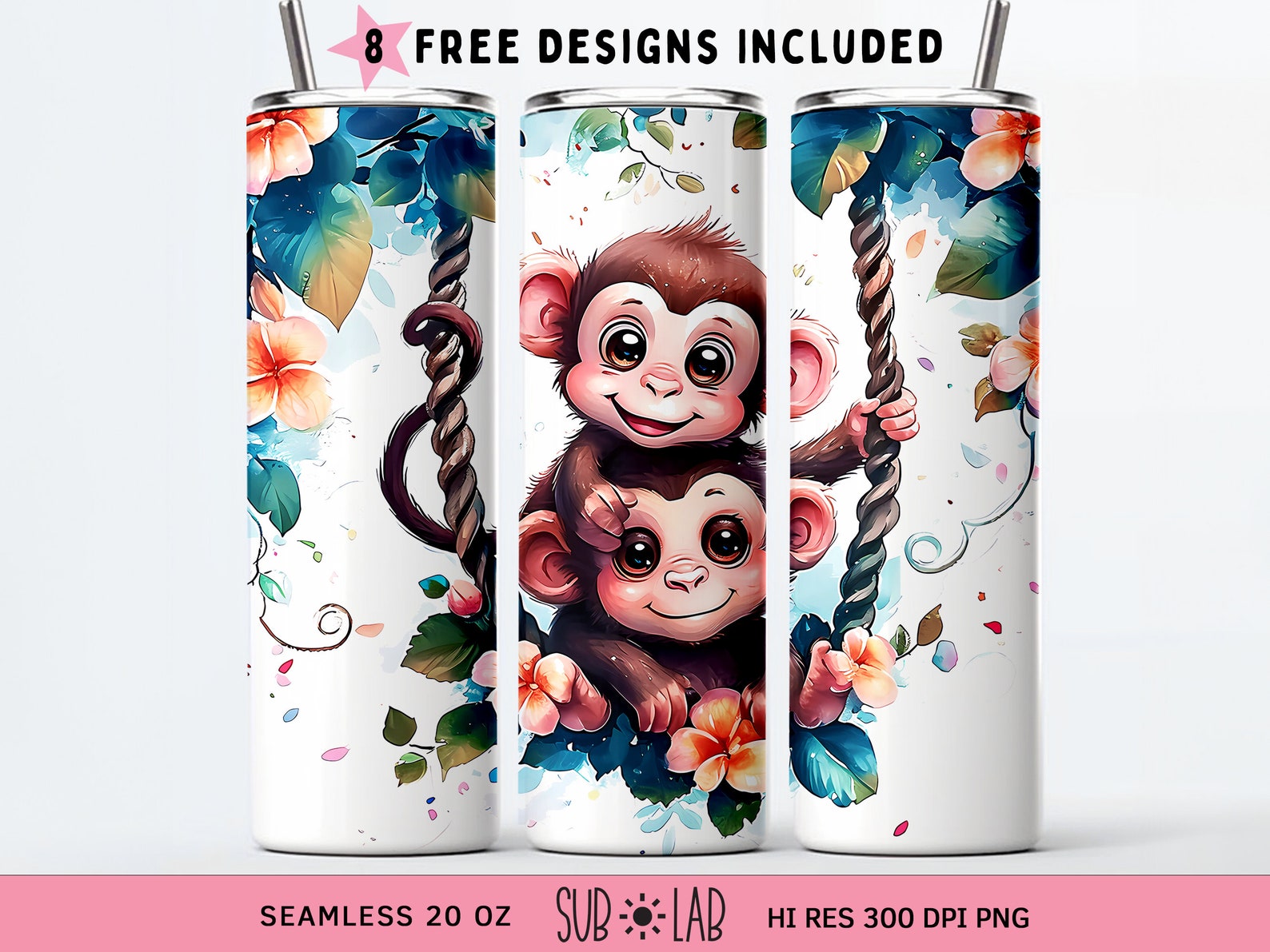 Monkey Tumbler Wrap, Cute Monkeys PNG, Seamless Sublimation Tumbler ...