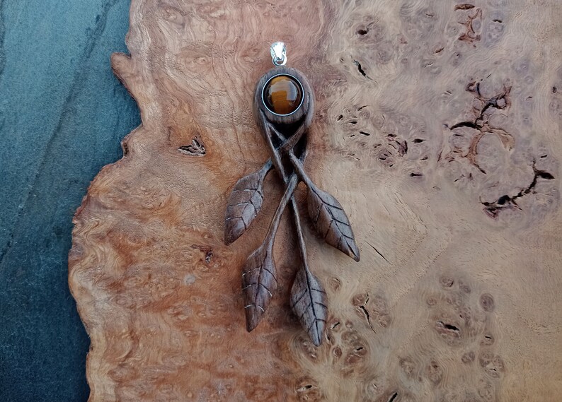 Hand Carved Elven Elfish Wood Pendant, Walnut, Tiger Eye, Silver - Etsy