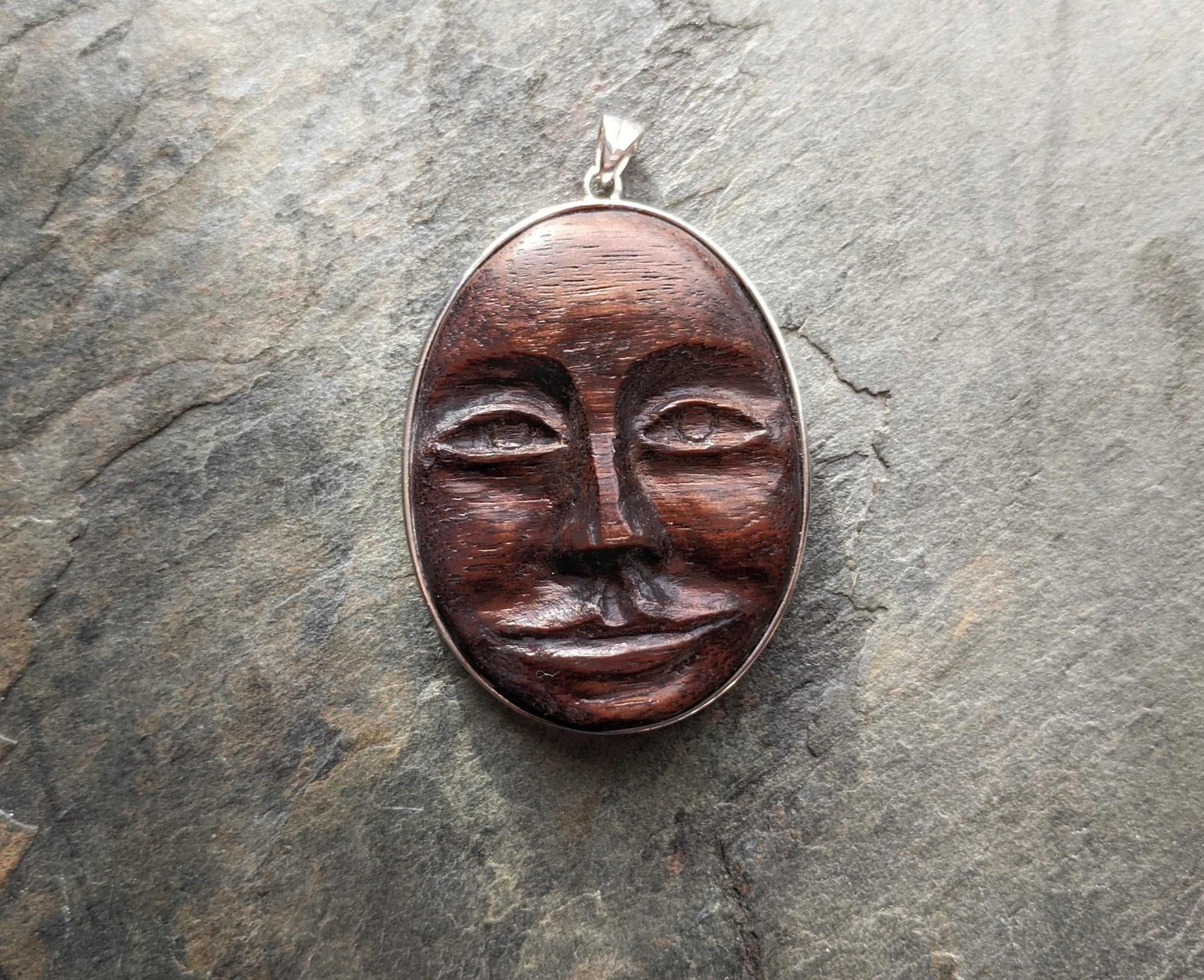 Carved Wooden Face Pendant, Walnut & Sterling Silver - Etsy New Zealand