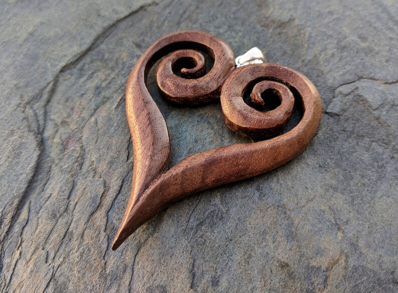 Carved Heart Scroll Wooden Pendant, Walnut Silver - Etsy UK