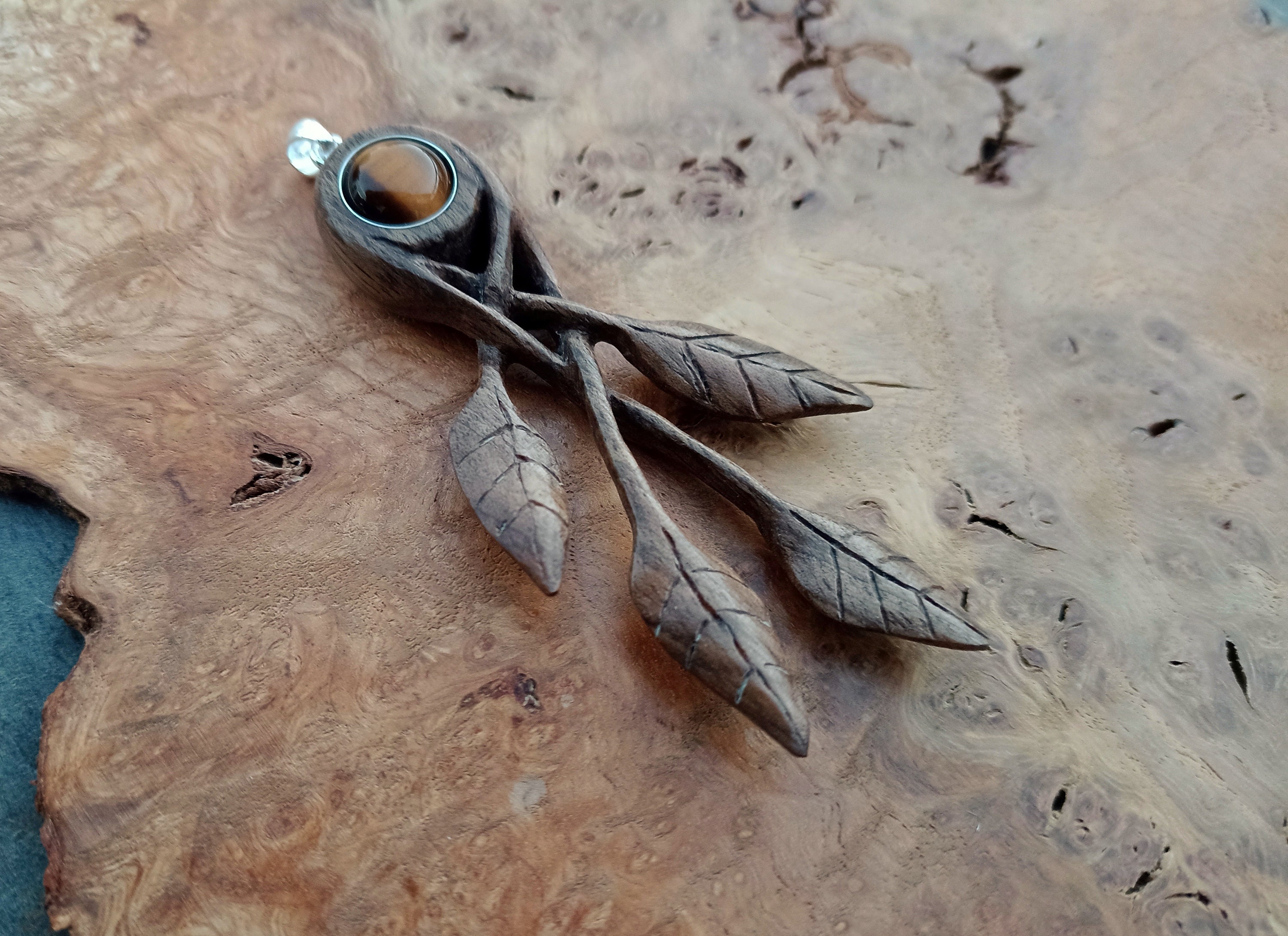 Hand Carved Elven Elfish Wood Pendant Walnut Tiger Eye - Etsy