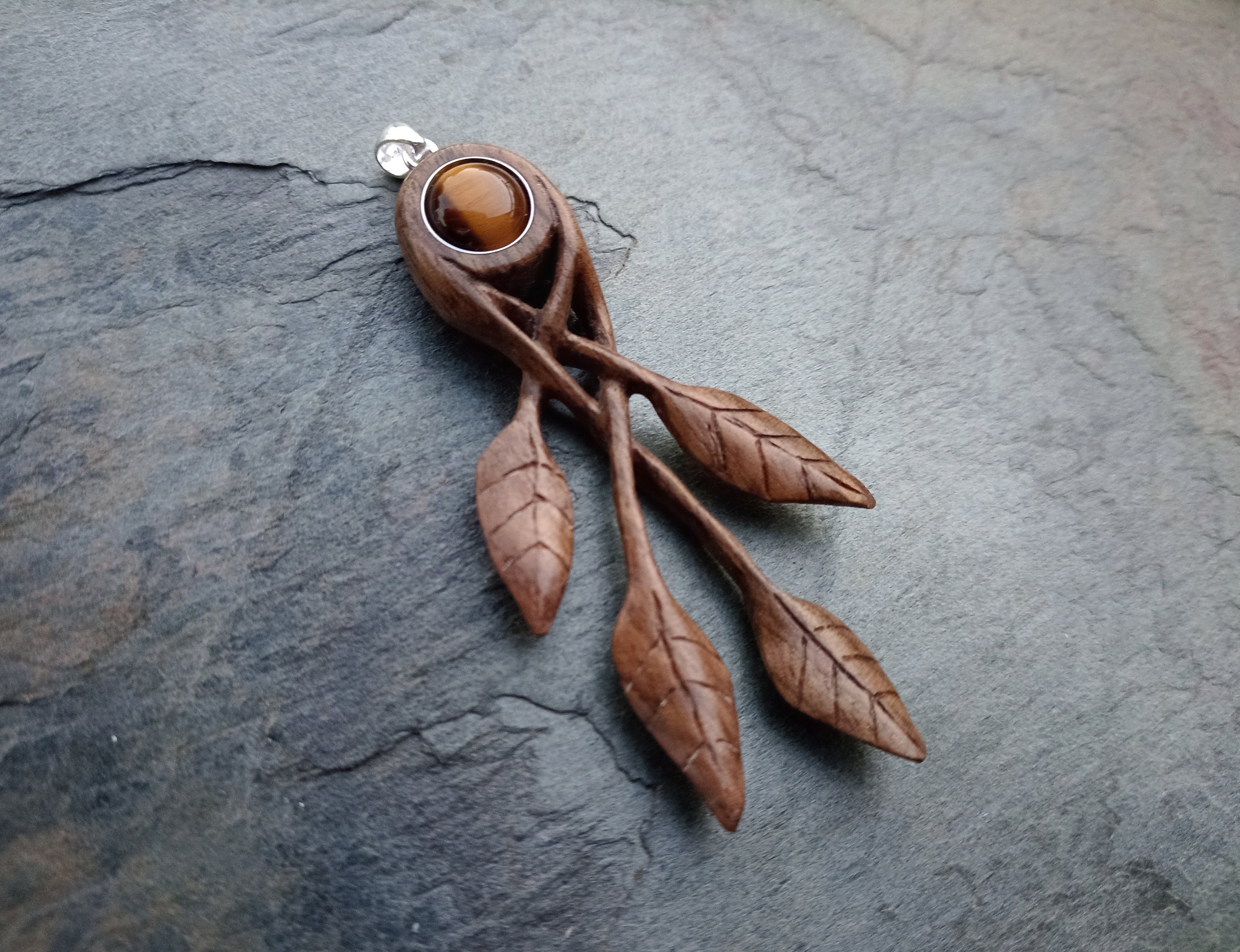 Hand Carved Elven Elfish Wood Pendant, Walnut, Tiger Eye, Silver - Etsy