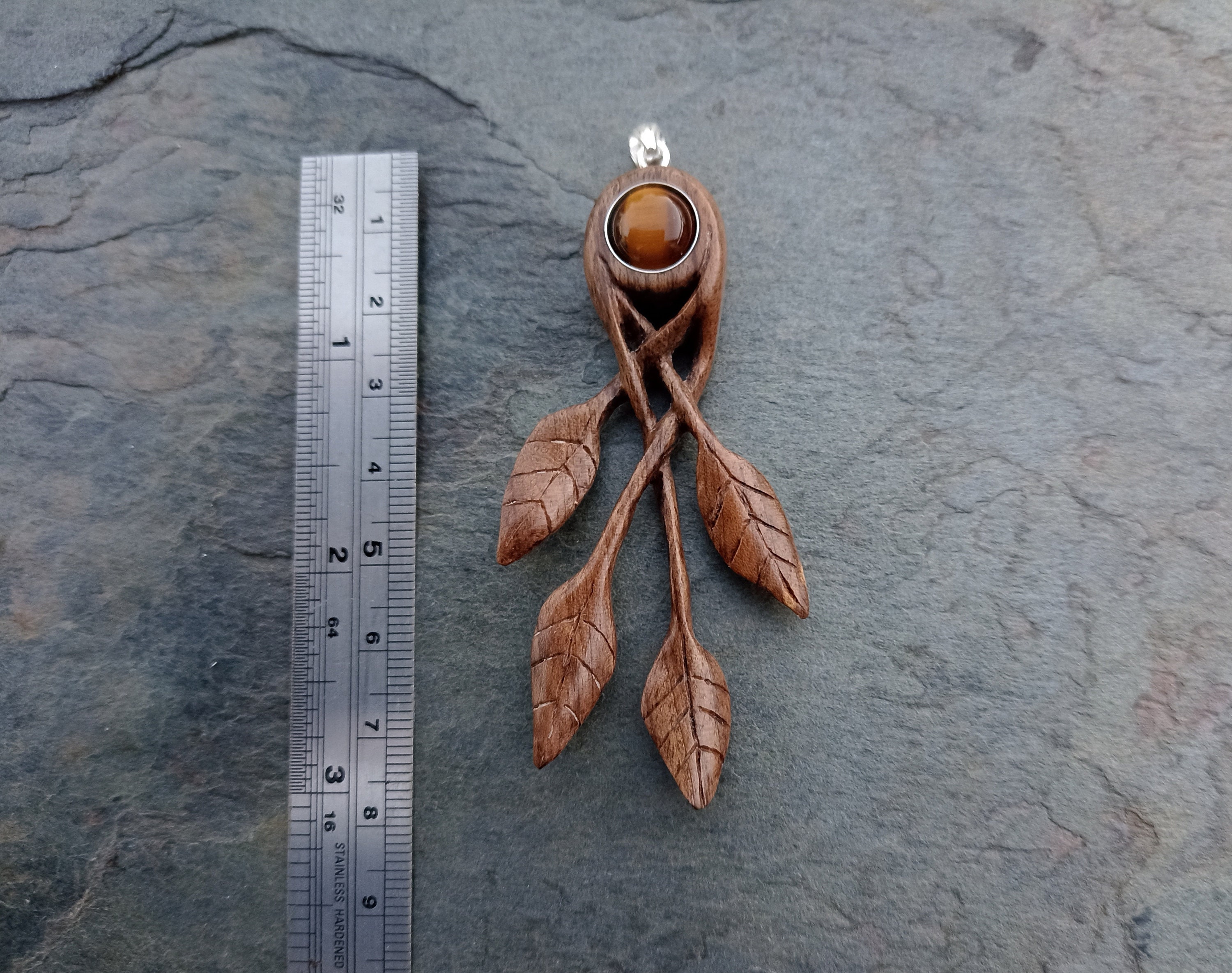 Hand Carved Elven Elfish Wood Pendant, Walnut, Tiger Eye, Silver - Etsy