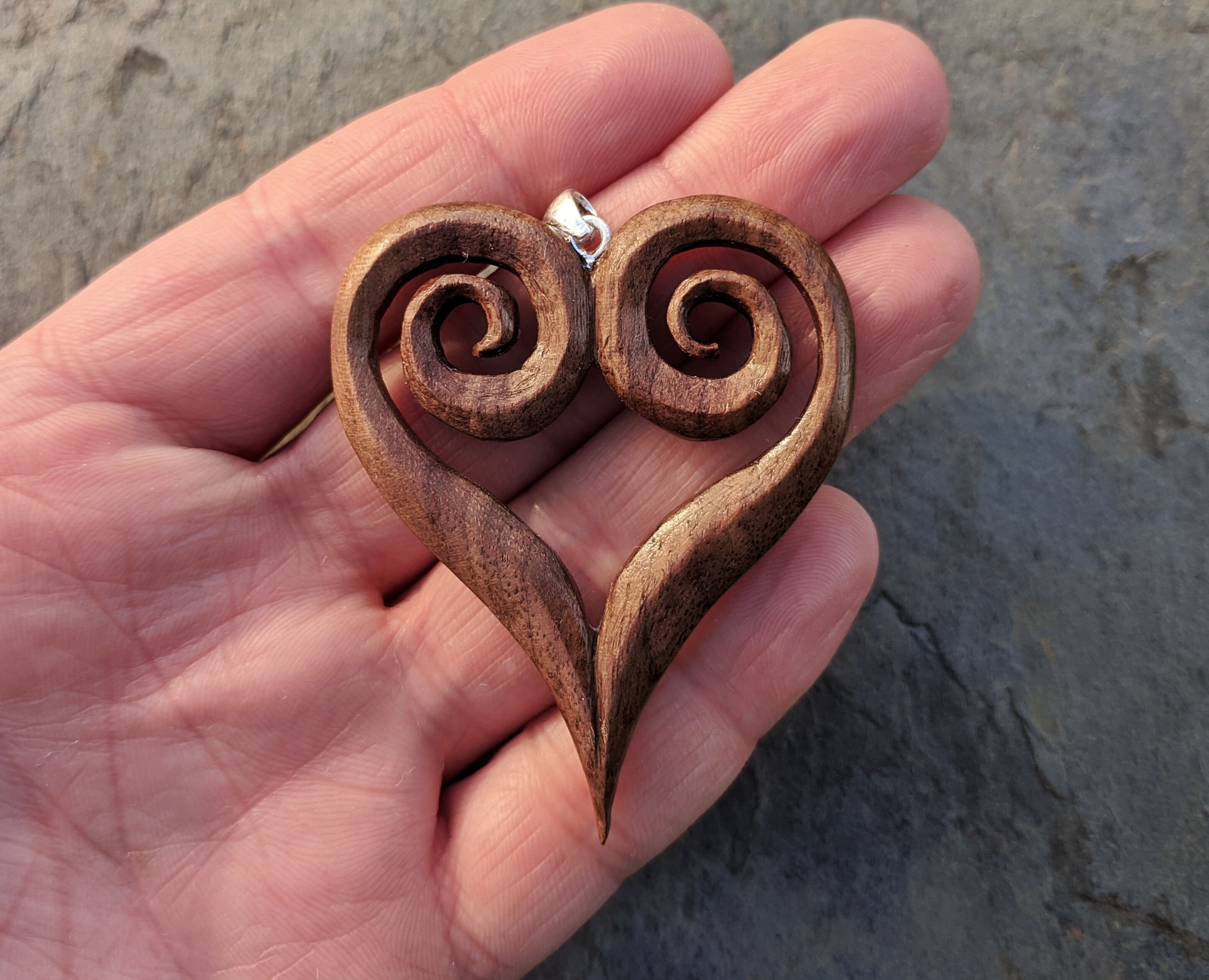 Carved Heart Scroll Wooden Pendant Walnut Silver - Etsy UK