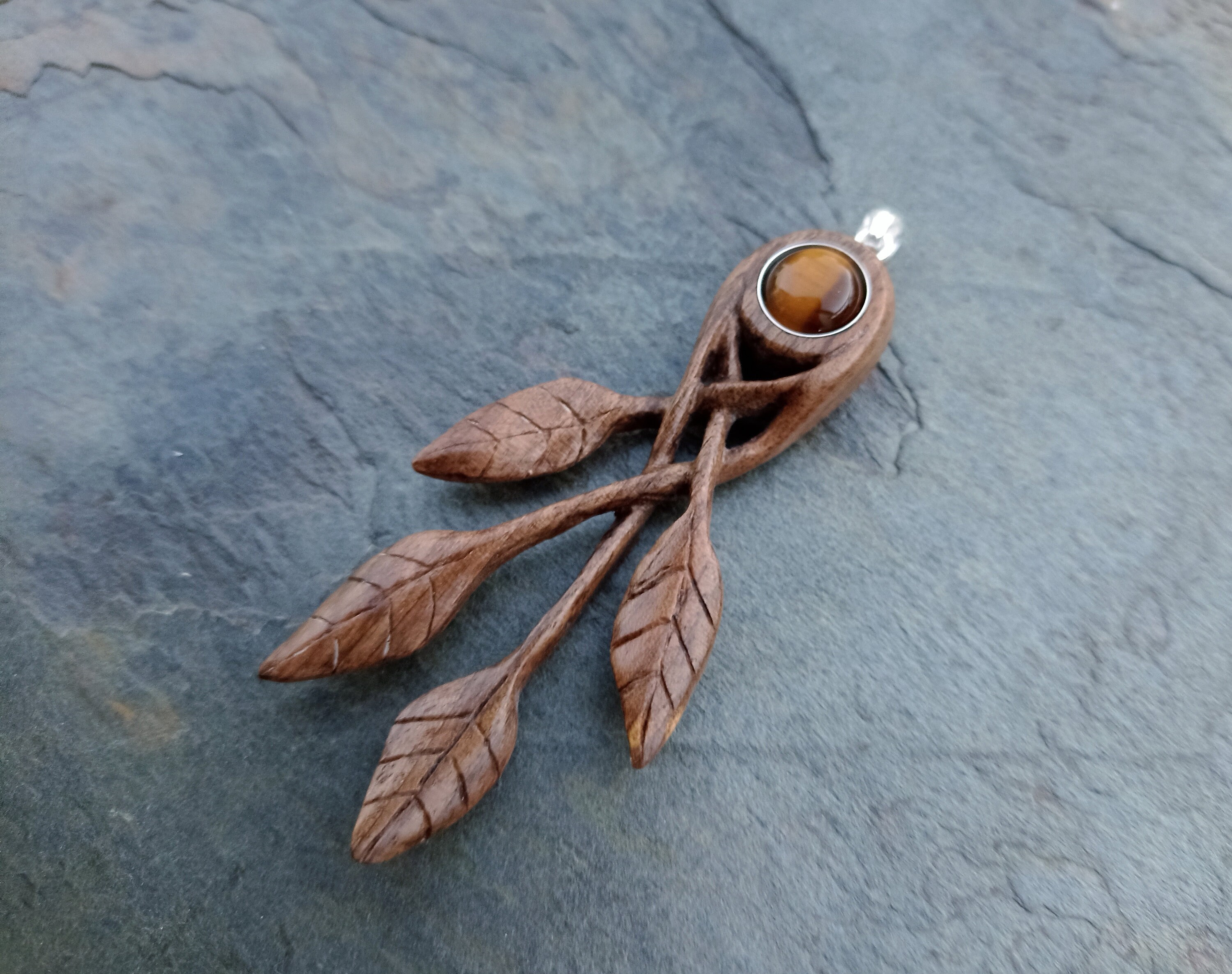 Hand Carved Elven Elfish Wood Pendant, Walnut, Tiger Eye, Silver - Etsy