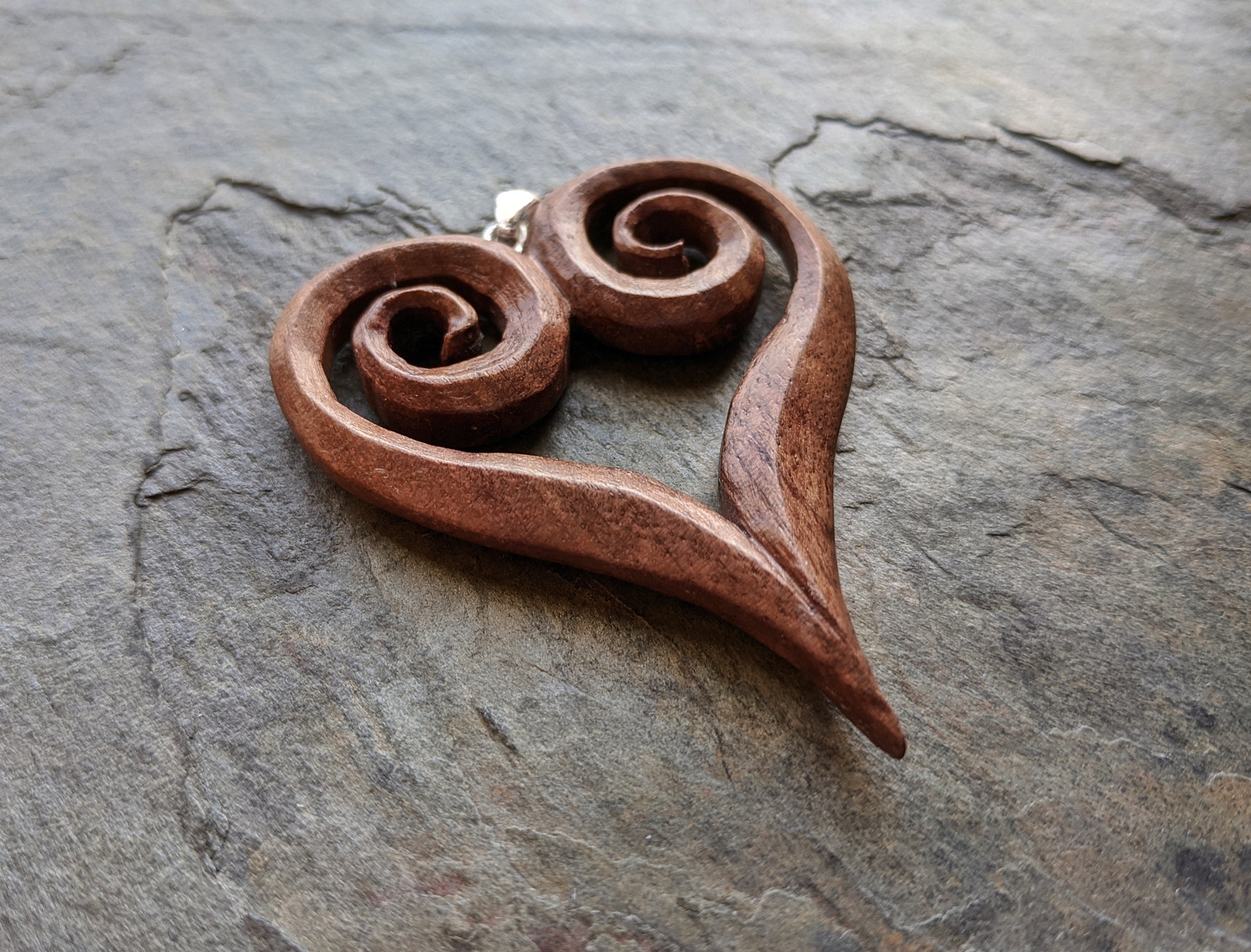 Carved Heart Scroll Wooden Pendant, Walnut Silver - Etsy UK