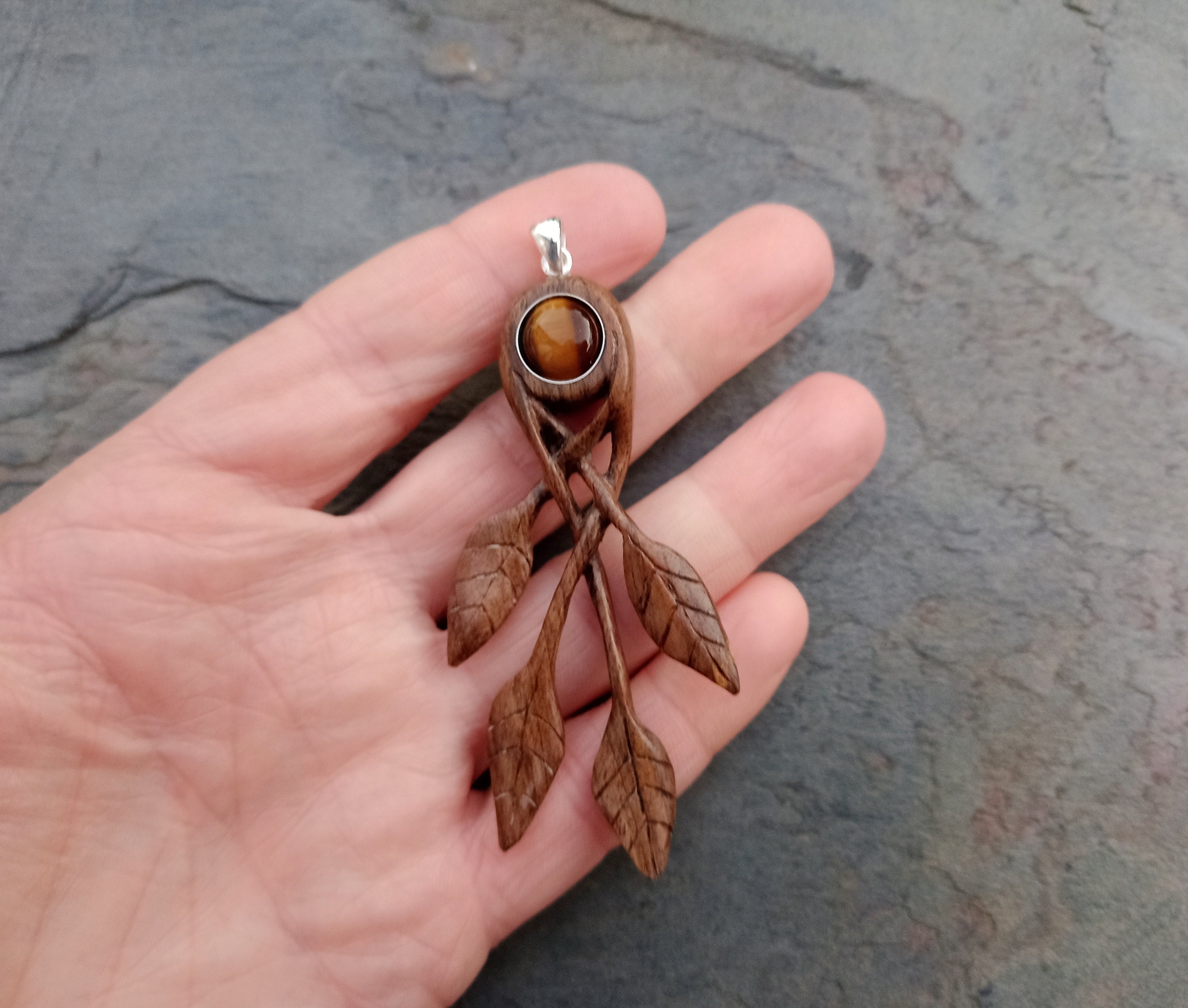 Hand Carved Elven Elfish Wood Pendant, Walnut, Tiger Eye, Silver - Etsy