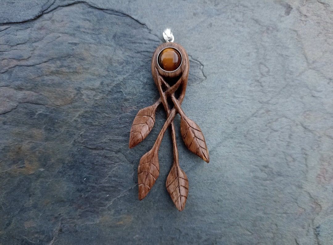 Hand Carved Elven Elfish Wood Pendant, Walnut, Tiger Eye, Silver - Etsy