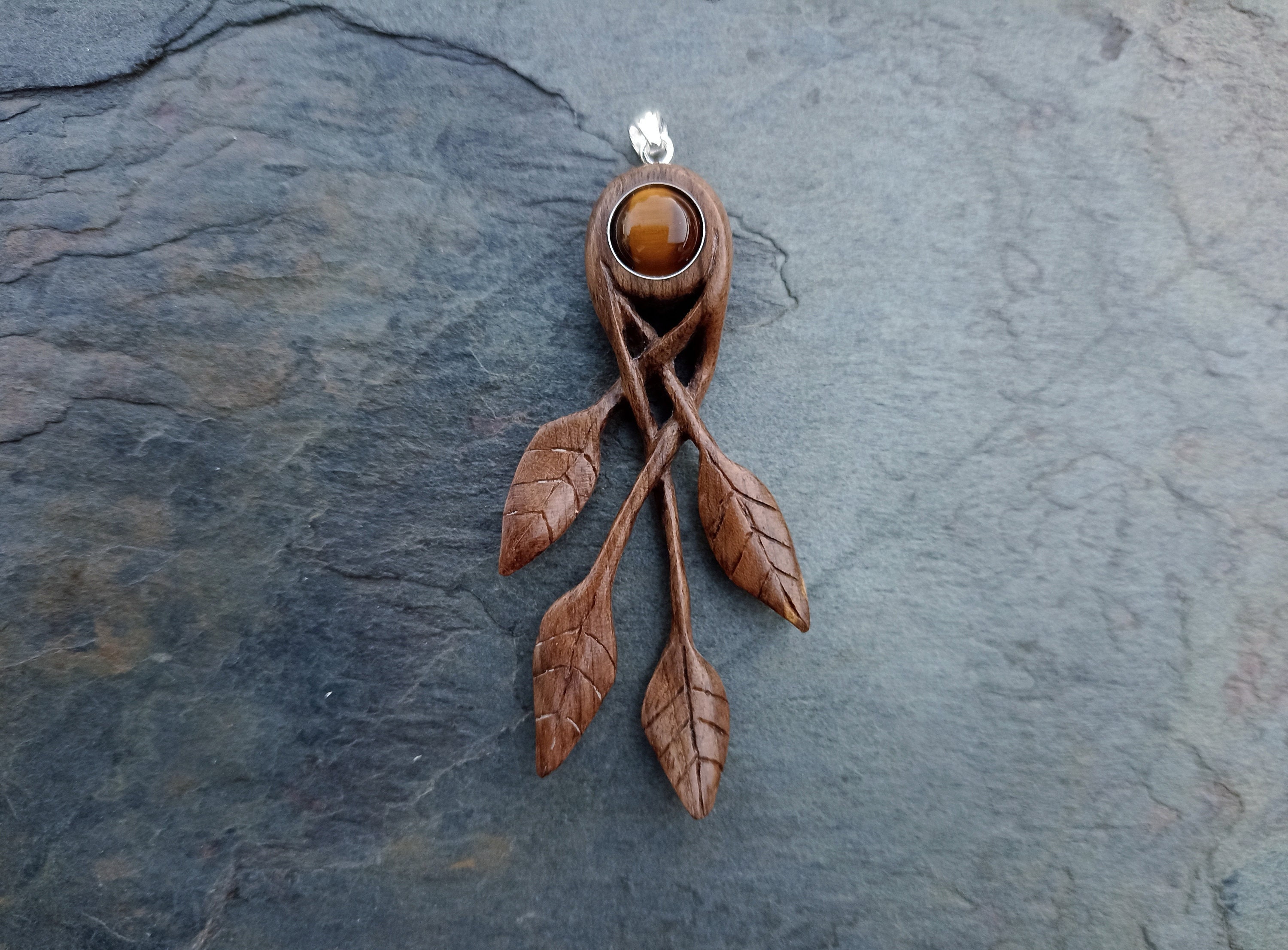 Hand Carved Elven Elfish Wood Pendant, Walnut, Tiger Eye, Silver - Etsy
