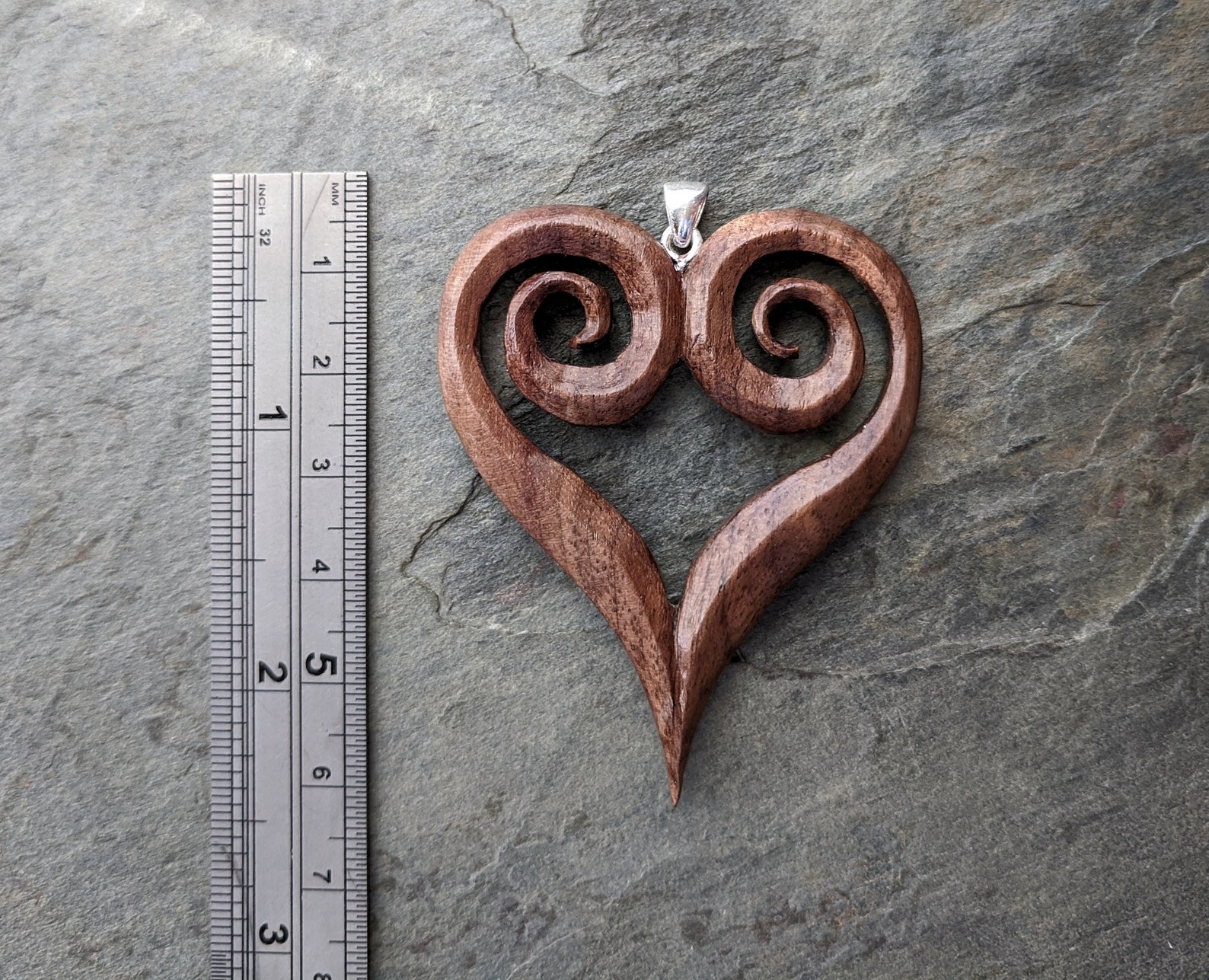 Carved Heart Scroll Wooden Pendant Walnut Silver - Etsy UK