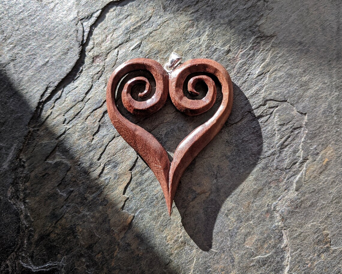 Carved Heart Scroll Wooden Pendant Walnut Silver - Etsy UK