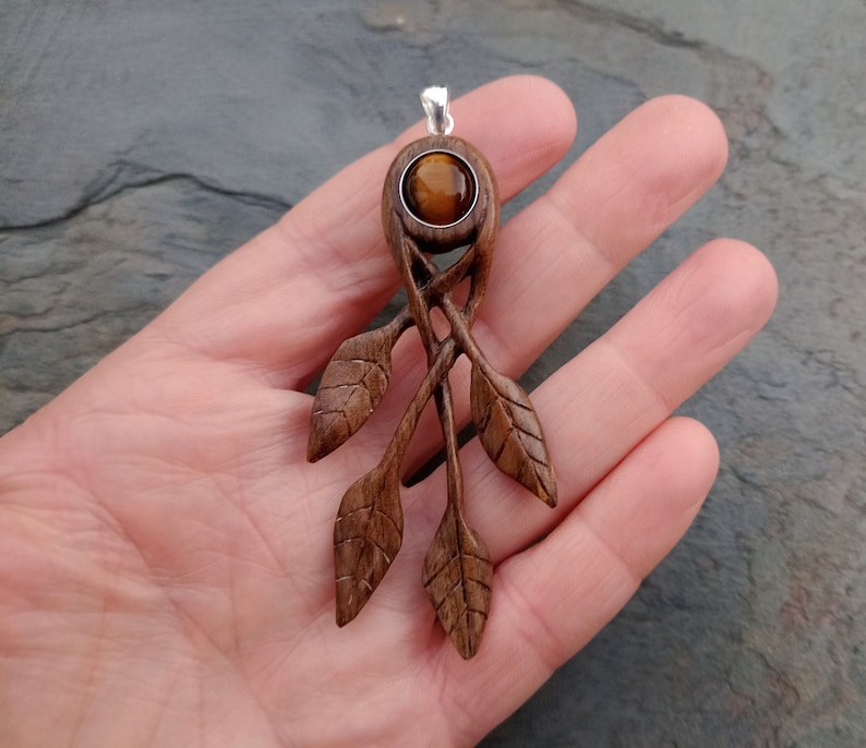 Hand Carved Elven Elfish Wood Pendant Walnut Tiger Eye - Etsy