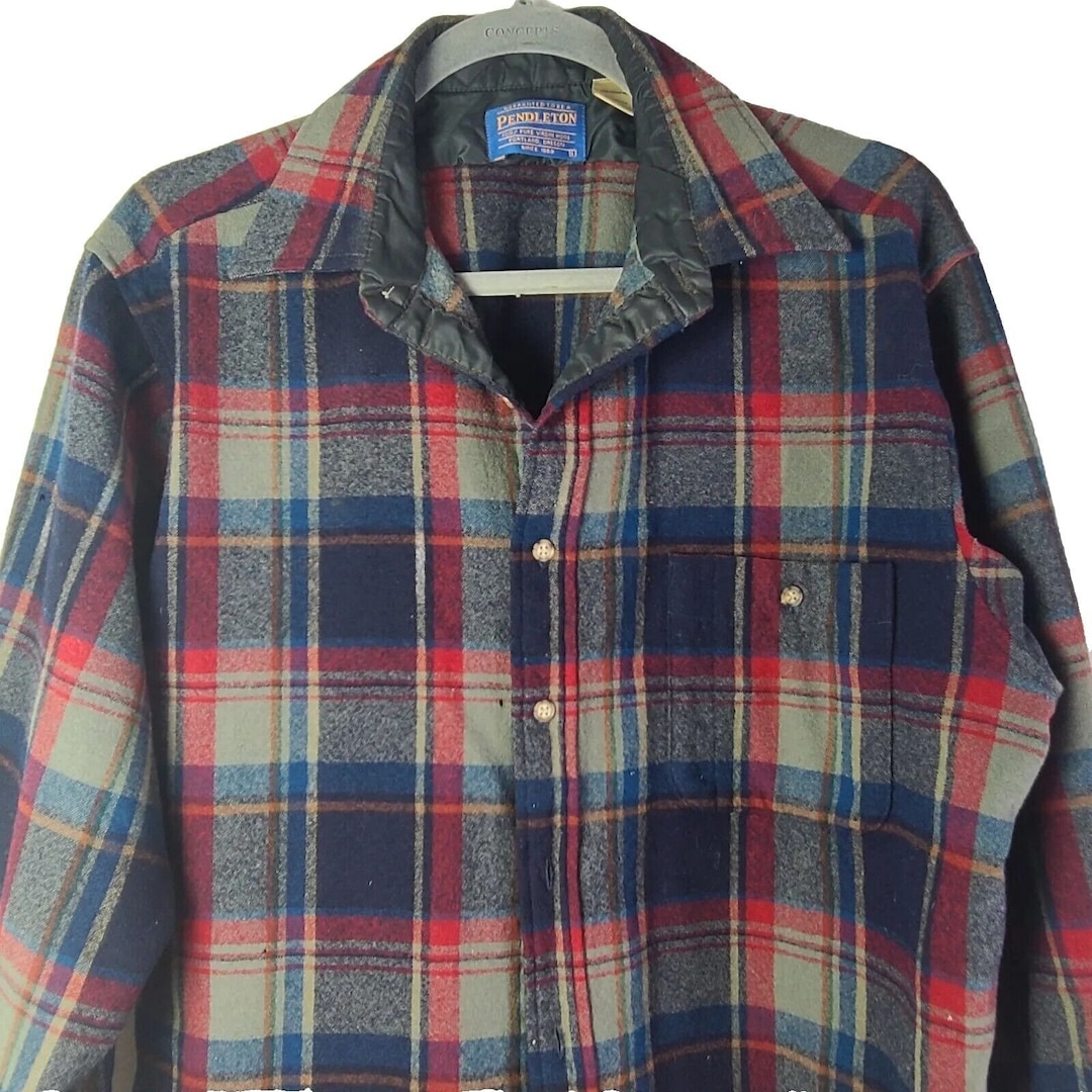 Vintage Pendleton Wool Shirt M Plaid Elbow Patches Red Blue USA - Etsy
