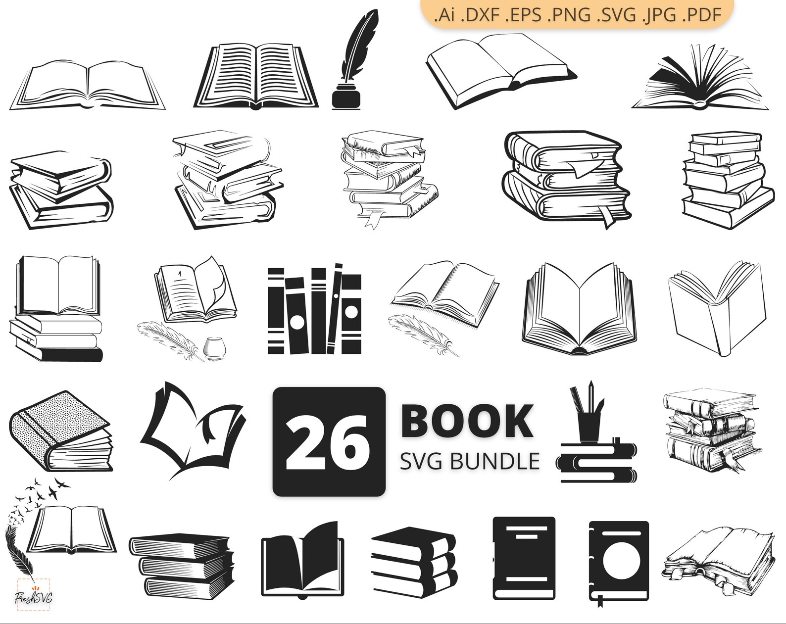 Book SVG, Book Bundle SVG, School SVG, Book Silhouette, Book Clipart ...