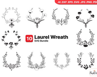 Laurel Wreath SVG, Floral Frame SVG Bundle, Silhouette, Clipart ...