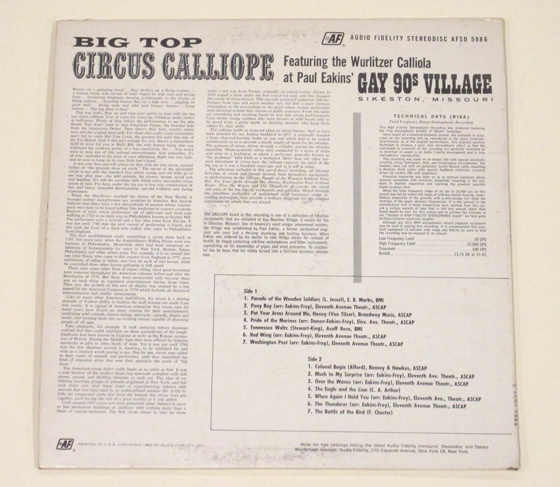 Circus calliope 2 vinyl LP Audio Fidelity stereodisc | Etsy