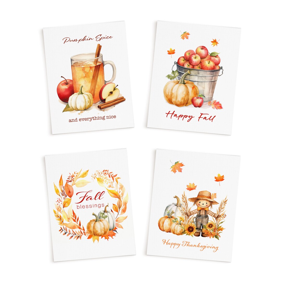 Watercolor Thanksgiving Cards Set - Autumn Greetings, Fall Blessings ...