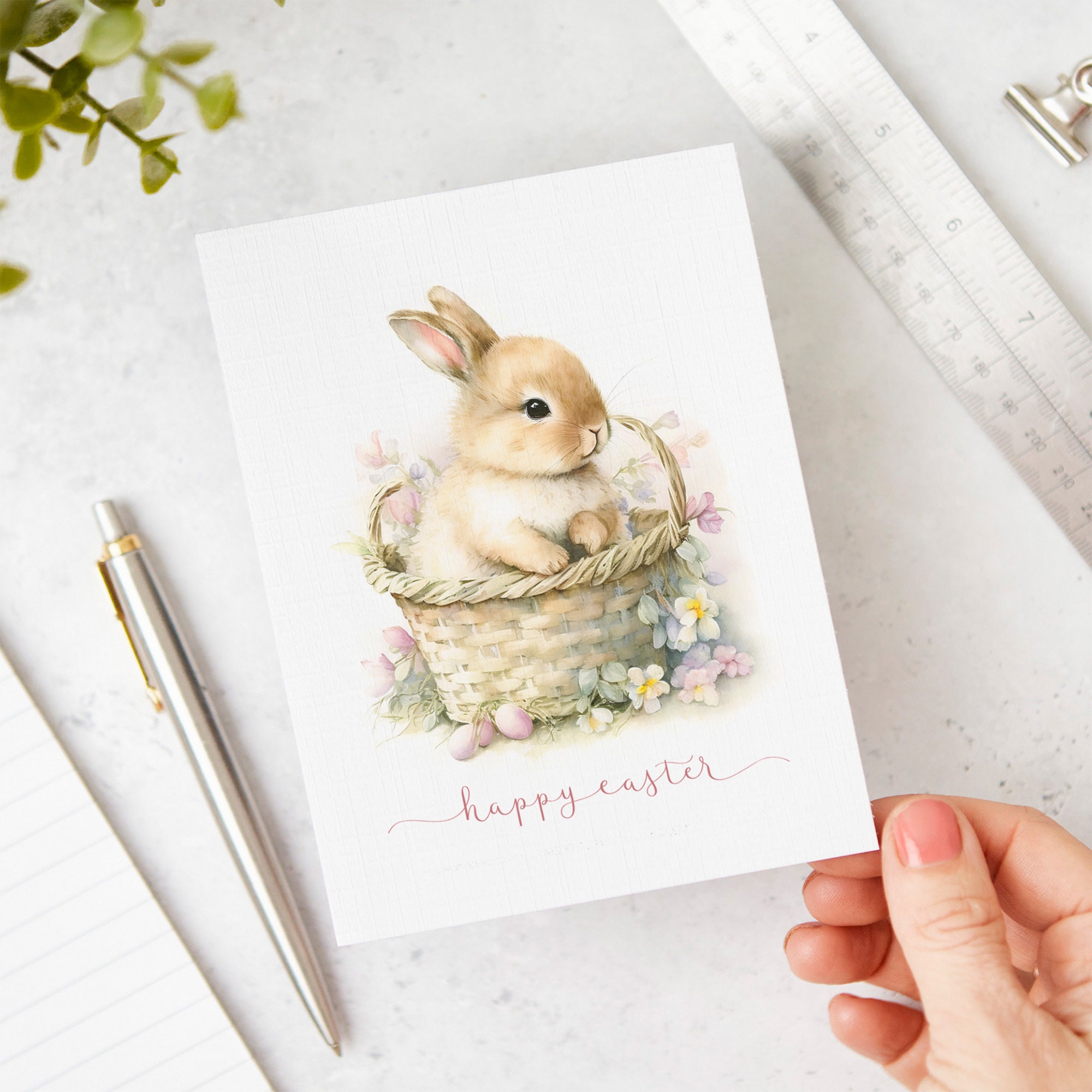 Happy Easter Card With Bunny, Easter Card Watercolor, Cute Easter Card ...