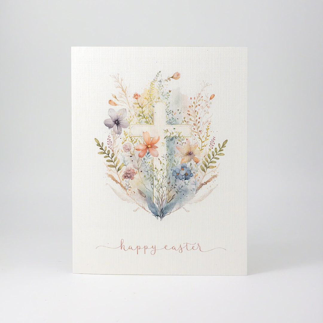 Watercolor Easter Cross Christian Linen Greeting Card, Religious Happy ...