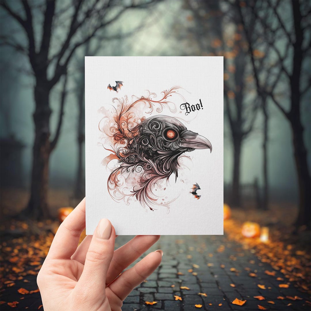 Black Raven Art Halloween Greeting Card, Watercolor Monster Cards ...