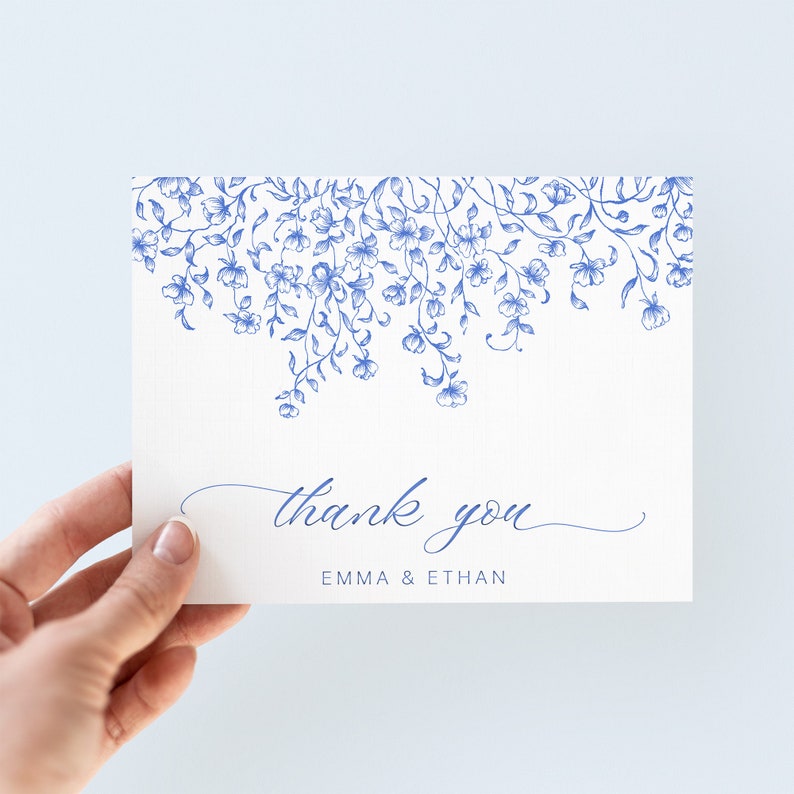 Dusty Blue Floral Thank You Cards: Personalized Linen Notes - Etsy
