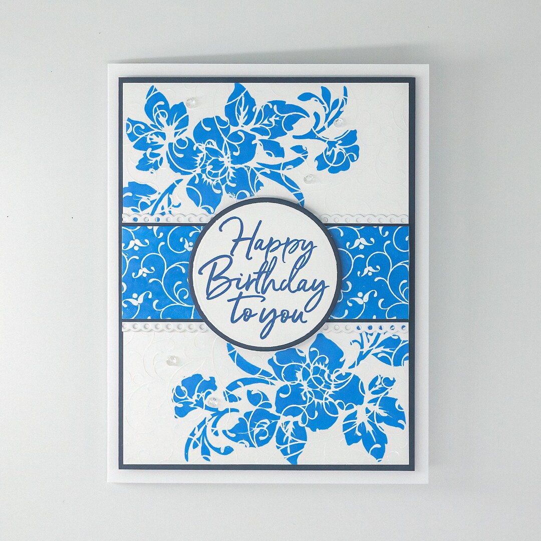 Handmade Happy Birthday Card: Blue Floral Embossed Folk Art - Etsy