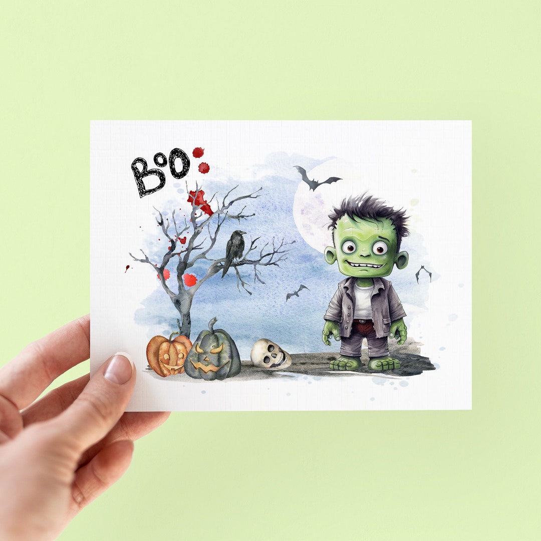 Halloween Card Spooky Green Monster Under Harvest Full Moon Greeting ...
