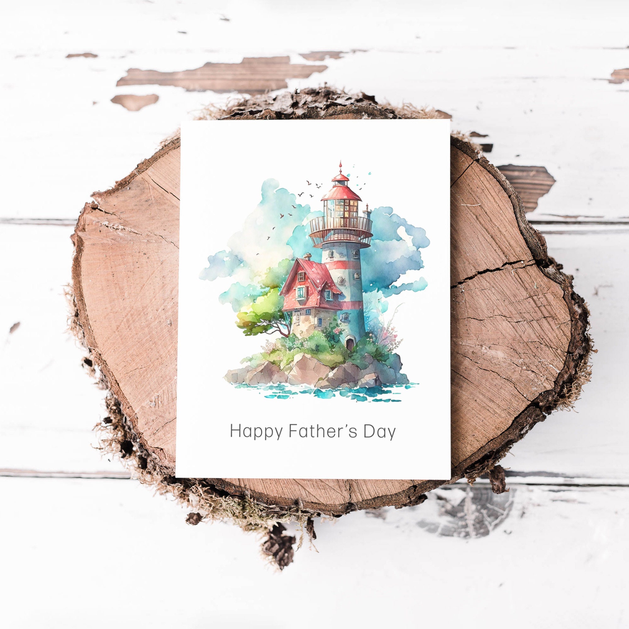 Happy Fathers Day Card With Lighthouse Watercolor, Father's Day Gift ...
