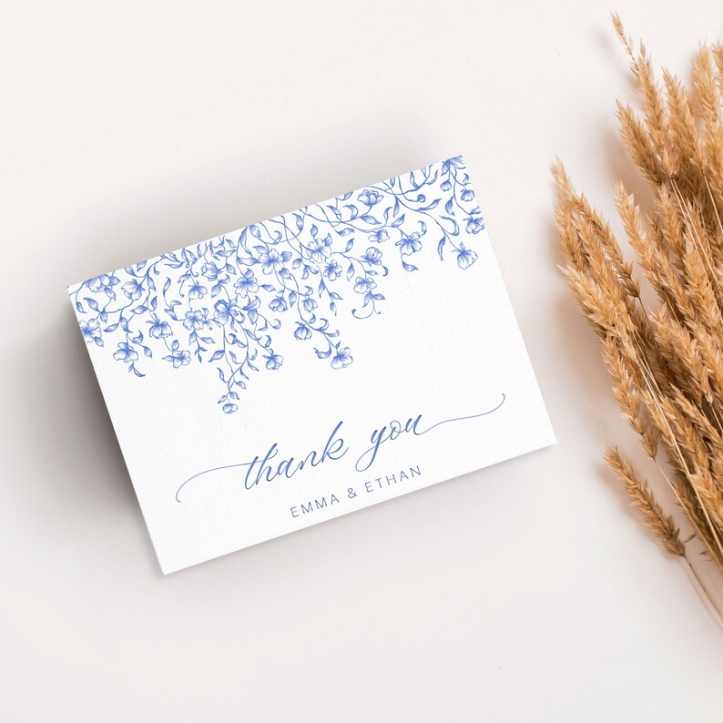 Dusty Blue Floral Thank You Cards: Personalized Linen Notes - Etsy