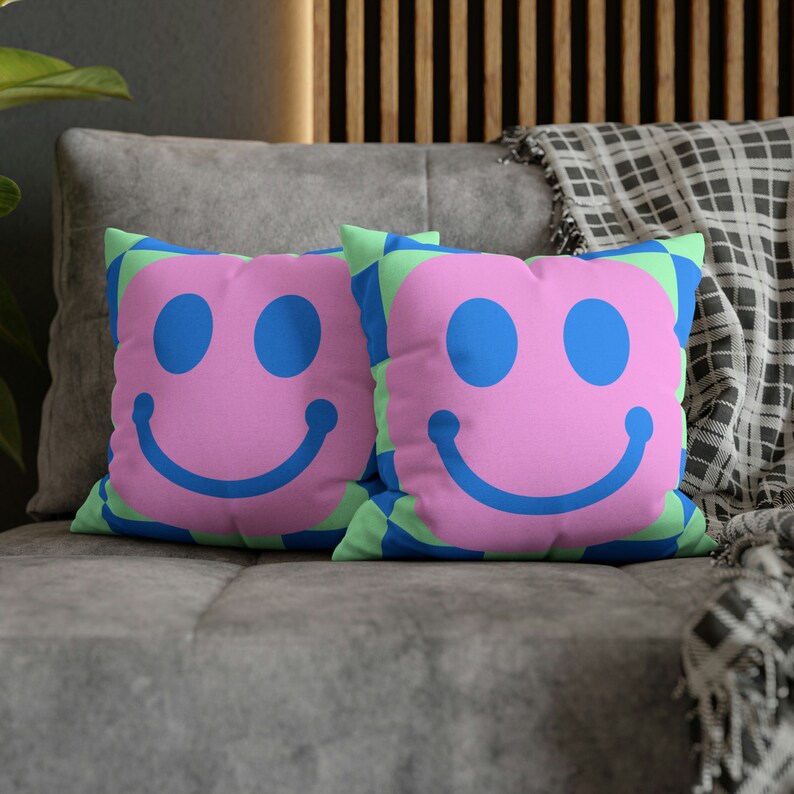 Neon Smiley Face Checkerboard 90's Decor Square Pillow Case - Etsy