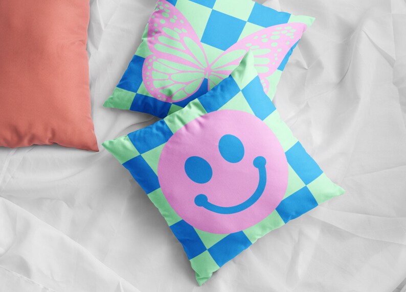 Neon Smiley Face Checkerboard 90's Decor Square Pillow Case - Etsy