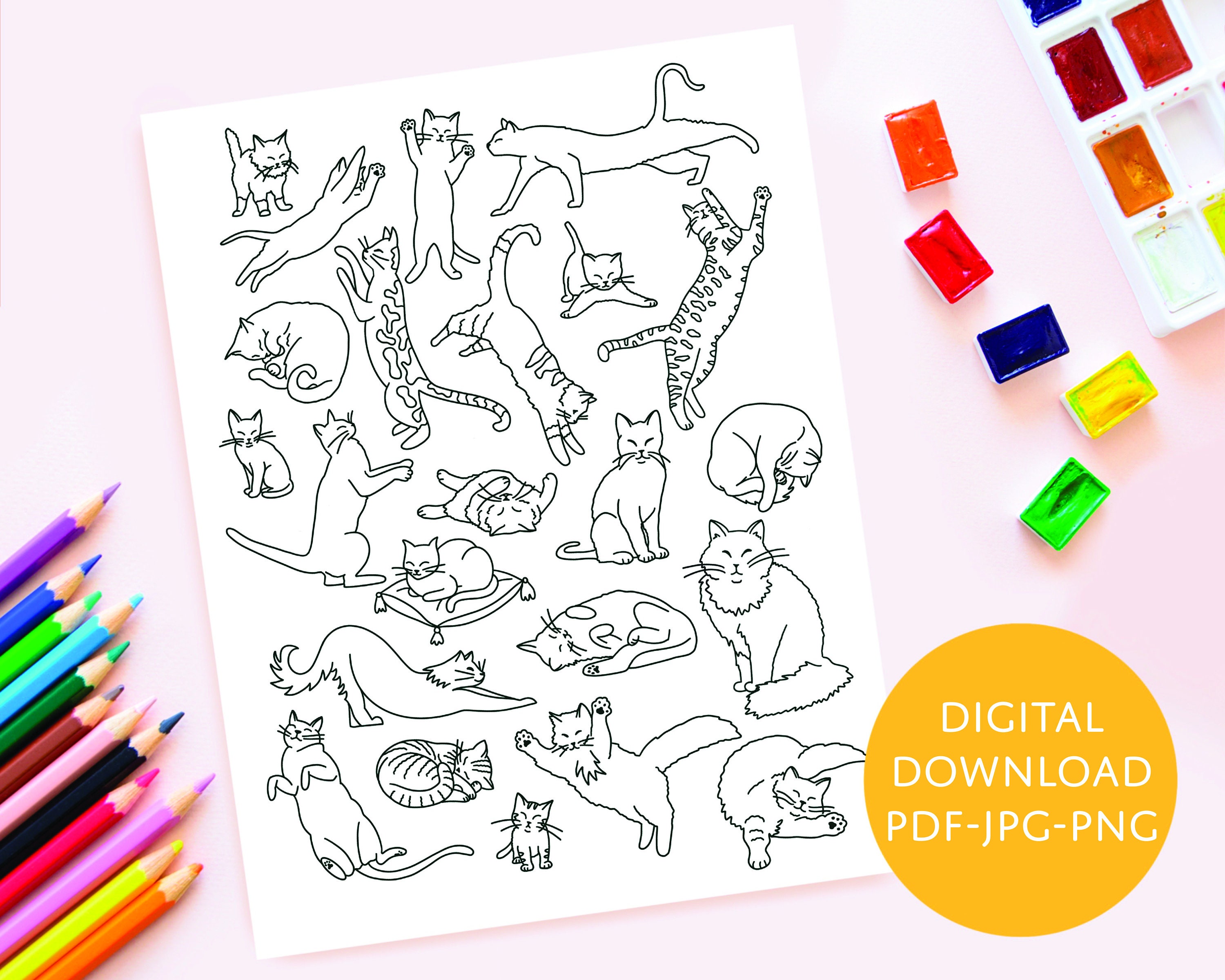 Cats & Kittens Coloring Sheet - Instant Download - Printable Coloring ...