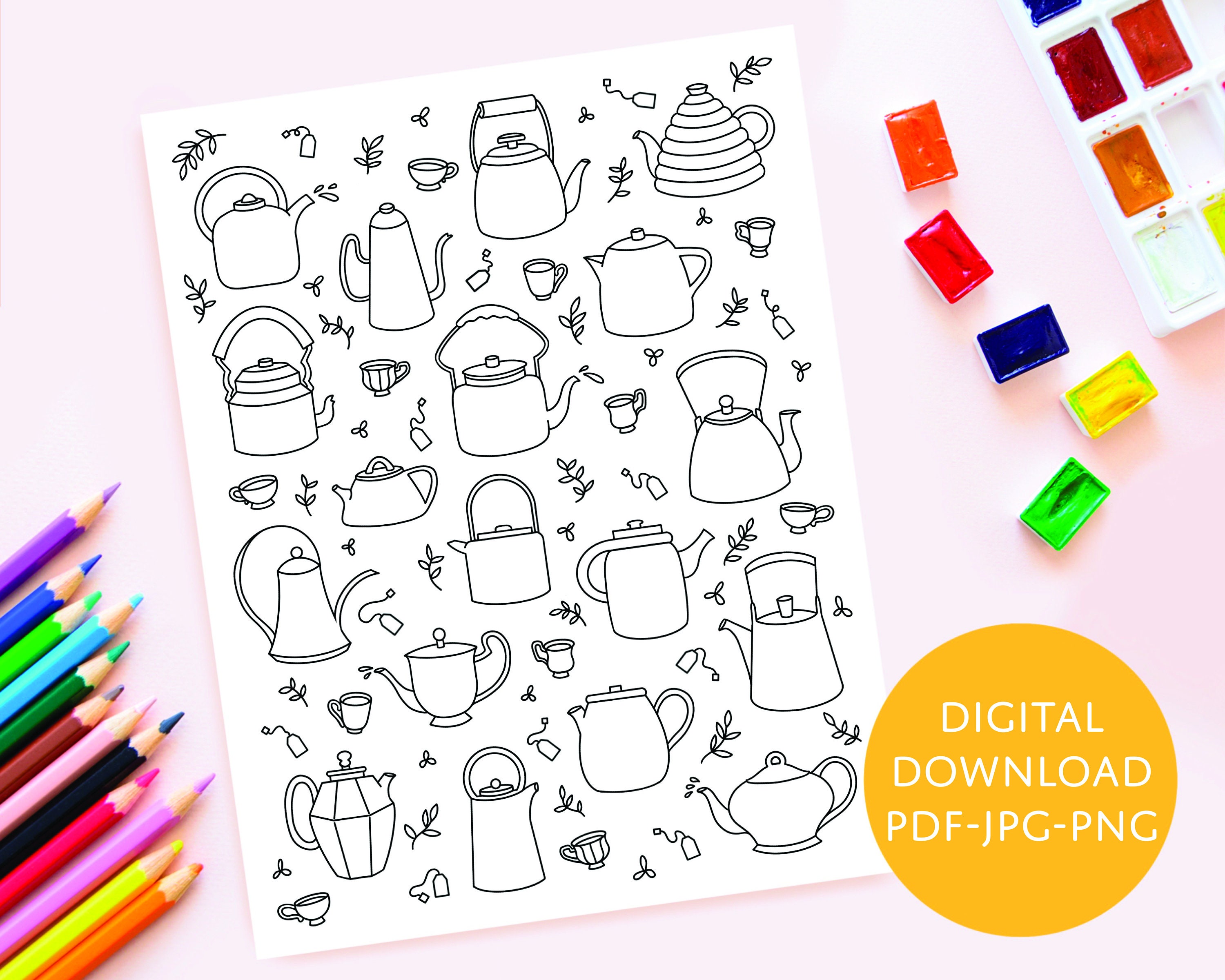 Teapot Coloring Sheet - Instant Download - Printable Teatime Coloring ...