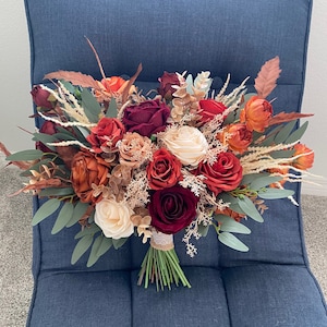 Burnt Orange, Ivory, Sage Green Wedding Bouquets, Bridal Bridesmaids Bouquets, Fall Winter ...